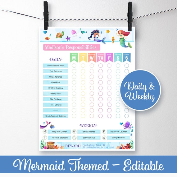 Mermaid Chore Chart for Kids Weekly & Daily Tasks | Etsy Australia