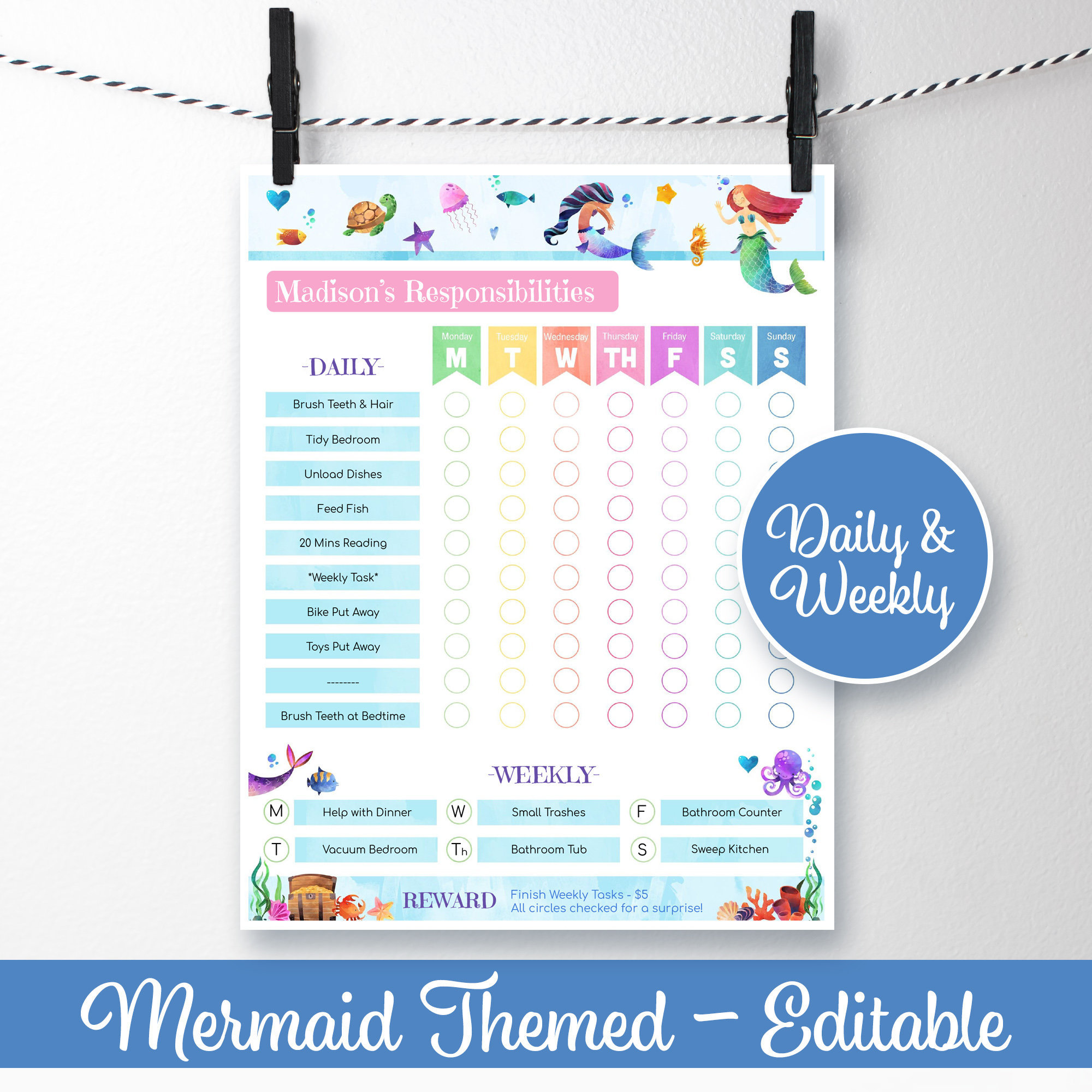 Mermaid Chore Chart for Kids Weekly & Daily Tasks - Etsy
