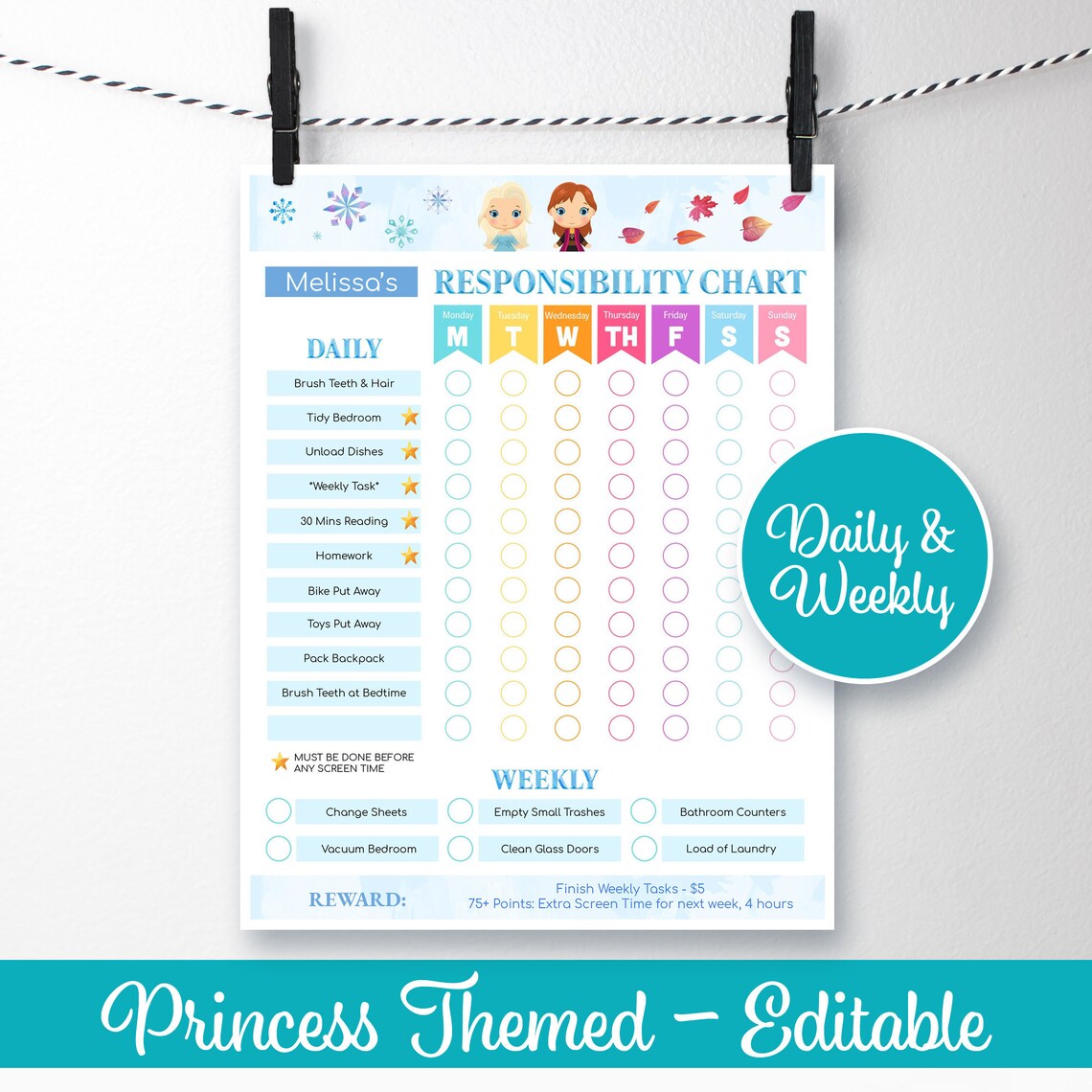 Princess Chore Chart for Kids | Weekly & Daily Tasks | Responsibility ...