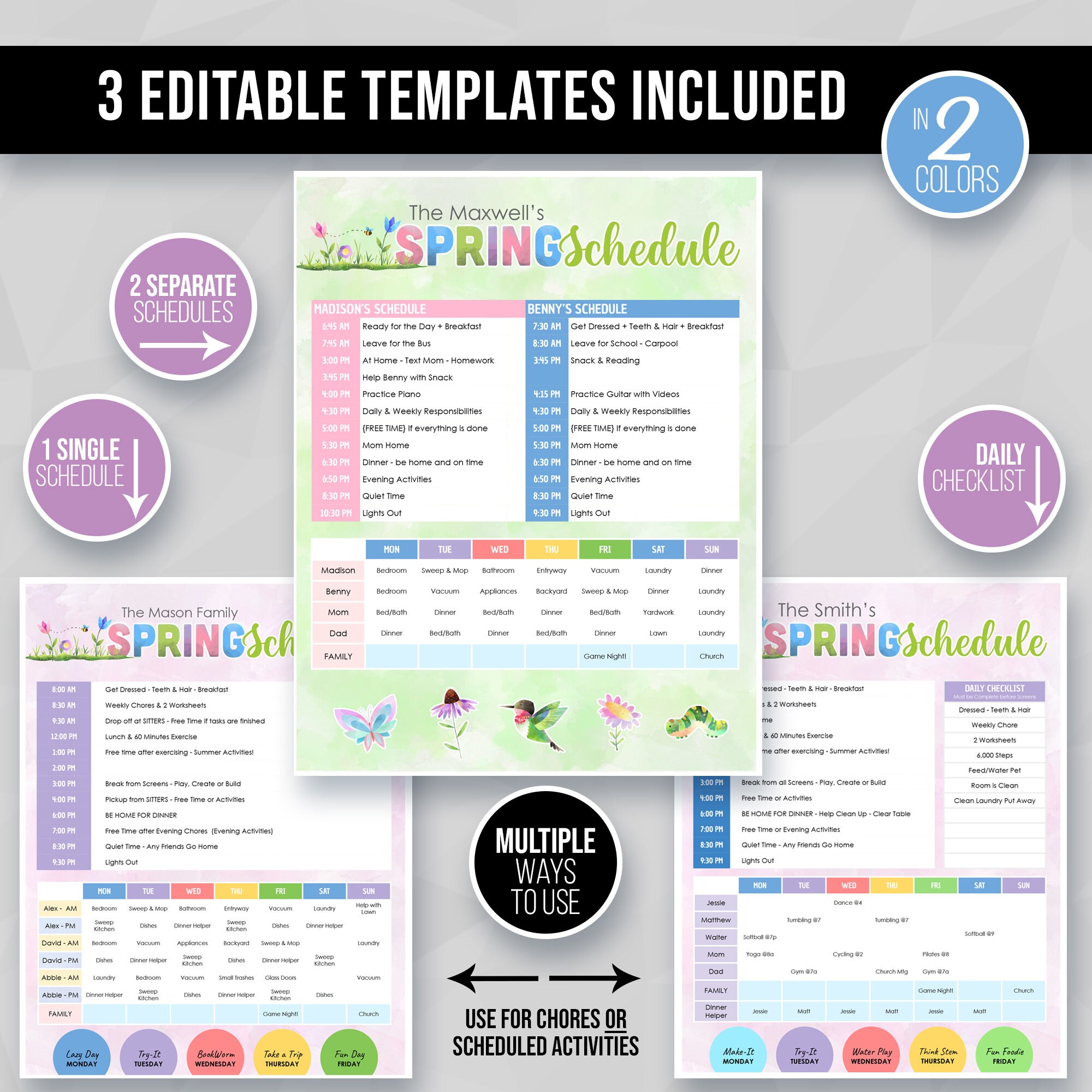 Family SPRING Schedule, Kids To-do List, Daily & Weekly Colorful Chore ...