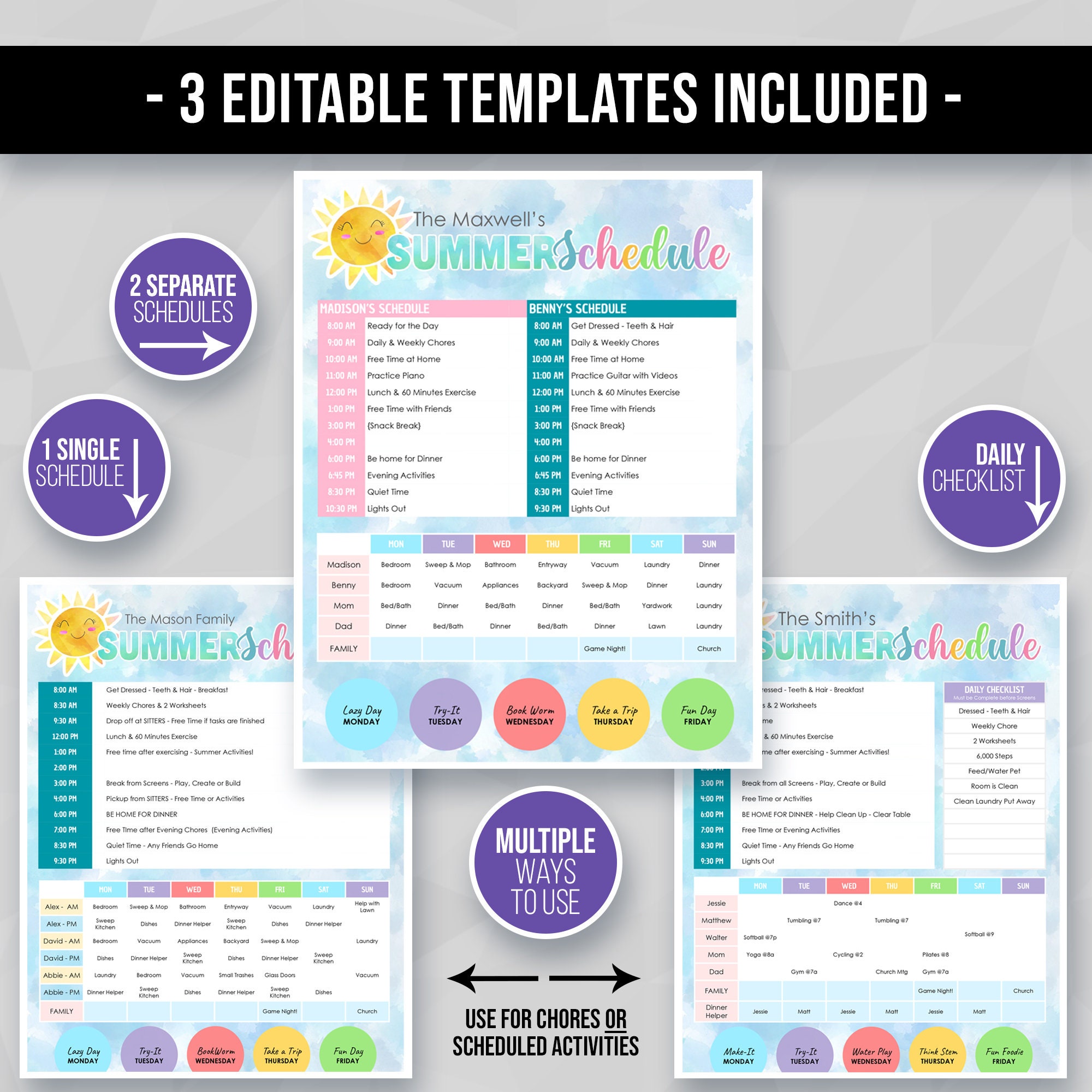 Family SUMMER Schedule, Kids To-do List, Daily & Weekly Colorful Chore ...