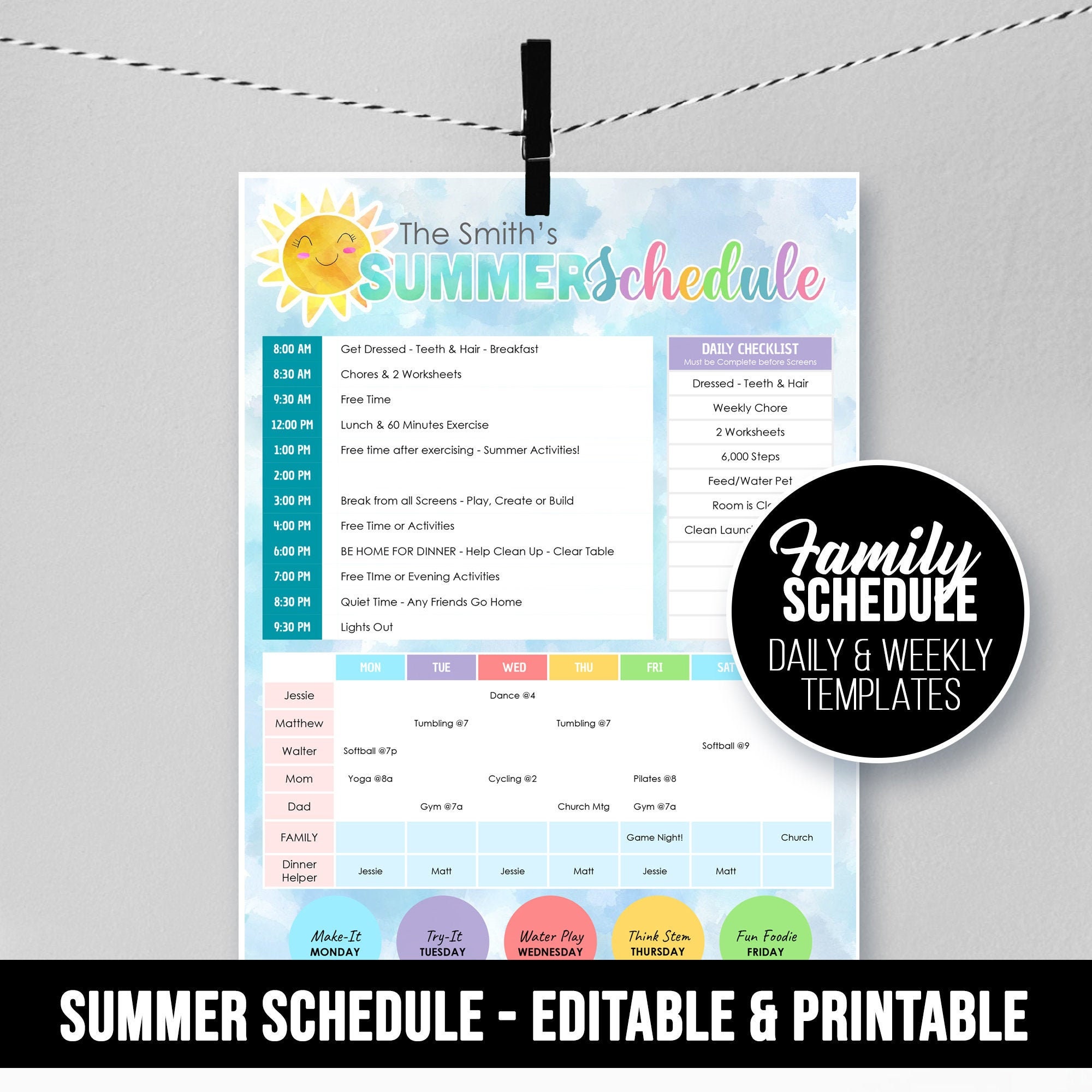Family SUMMER Schedule, Kids To-do List, Daily & Weekly Colorful Chore ...