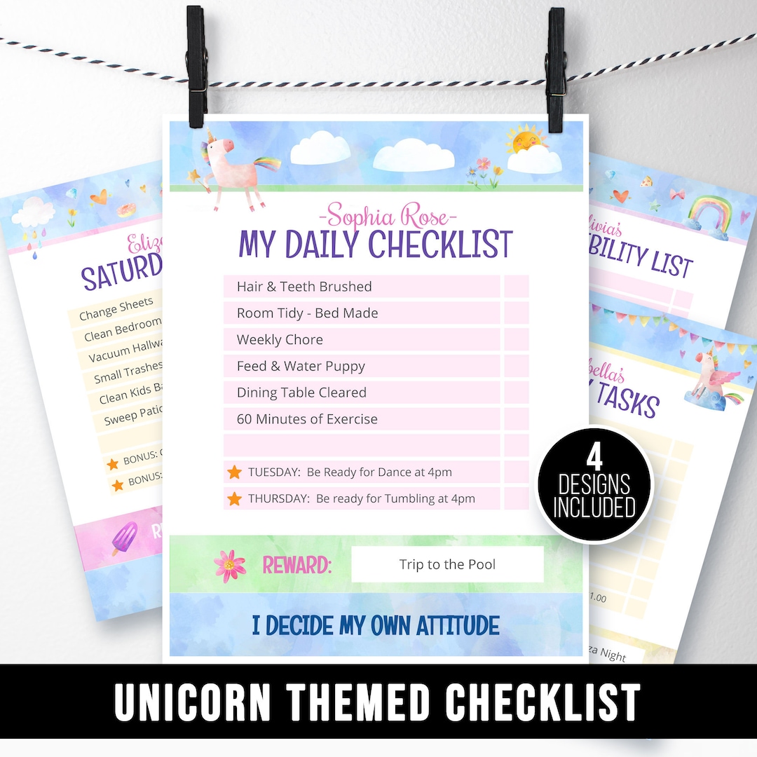 Unicorn Chore Chart for Kids, Weekly OR Daily Tasks, Reading Log, Child ...