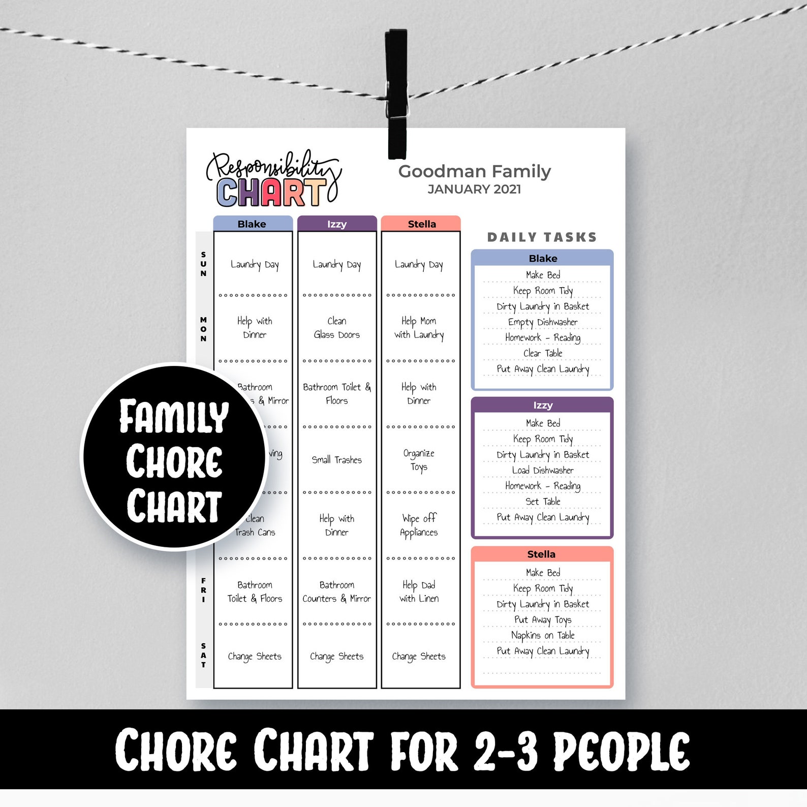 4 Family Chore Charts Instant Download Printable Responsibility Chart ...