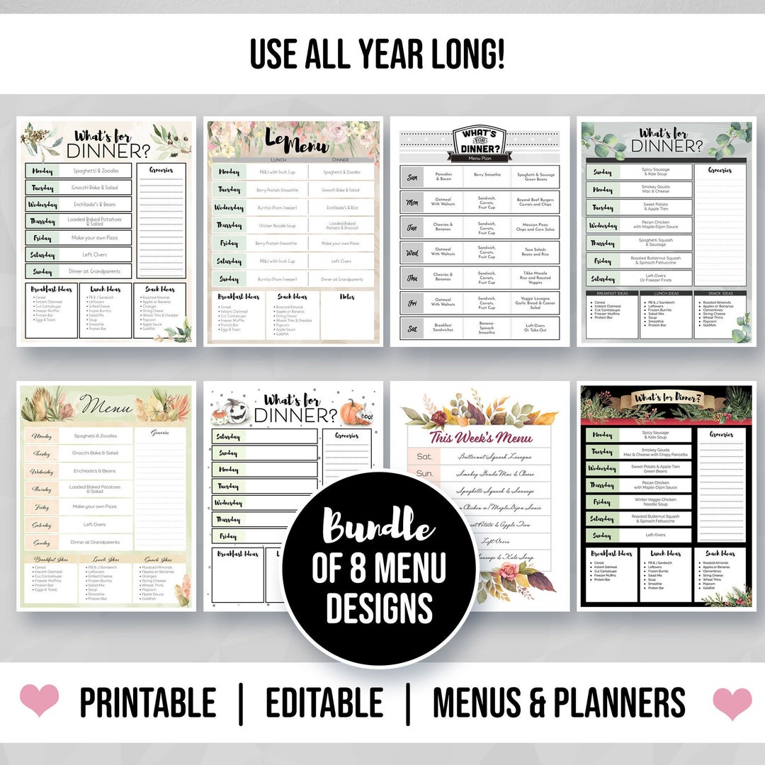 BUNDLED Printable Dinner Menus & Planners | Meal Planning | Weekly ...