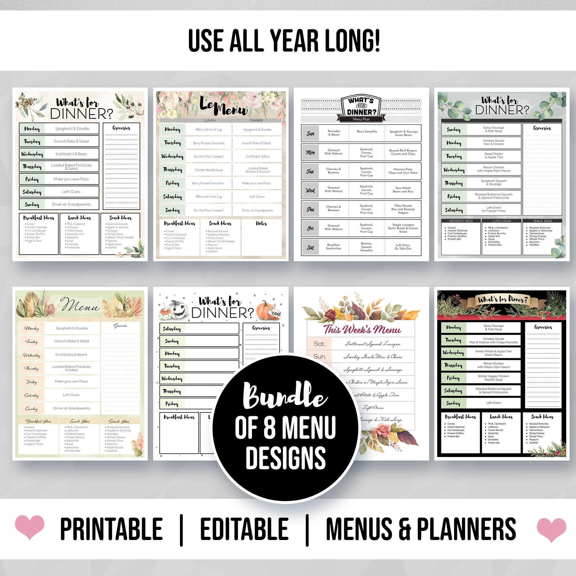 BUNDLED Printable Dinner Menus & Planners | Meal Planning | Weekly ...