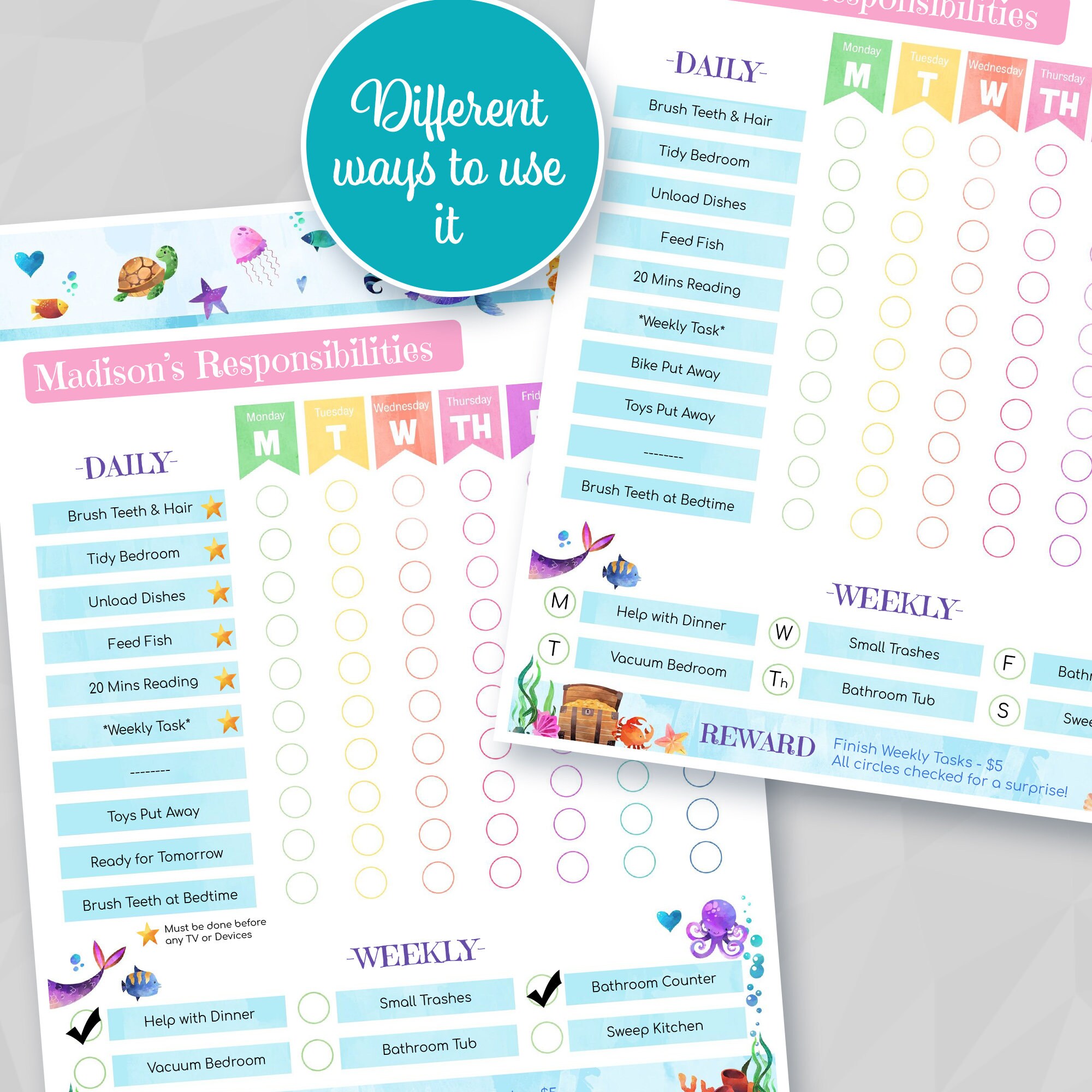 Mermaid Chore Chart for Kids Weekly & Daily Tasks - Etsy