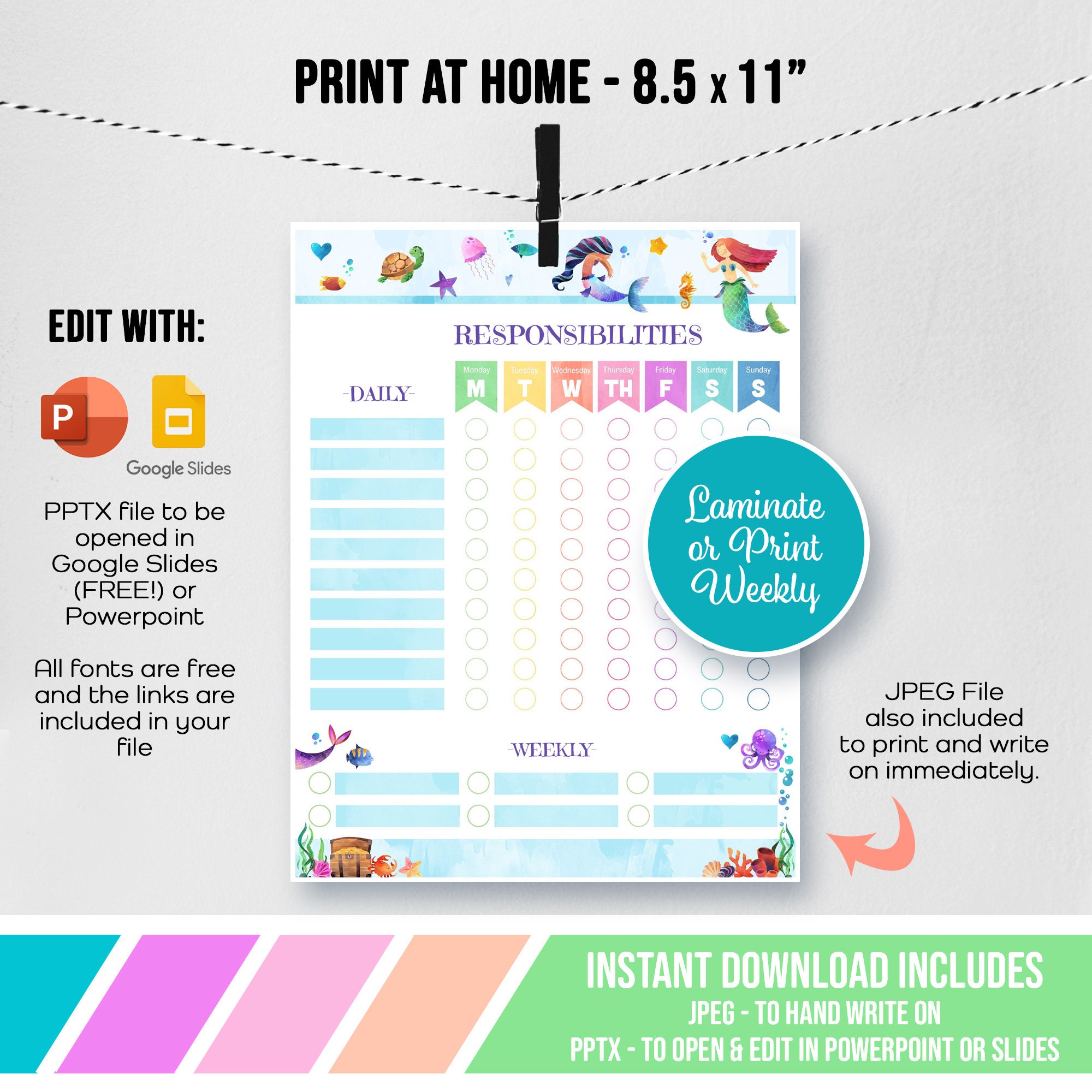 Mermaid Chore Chart for Kids Weekly & Daily Tasks | Etsy Australia