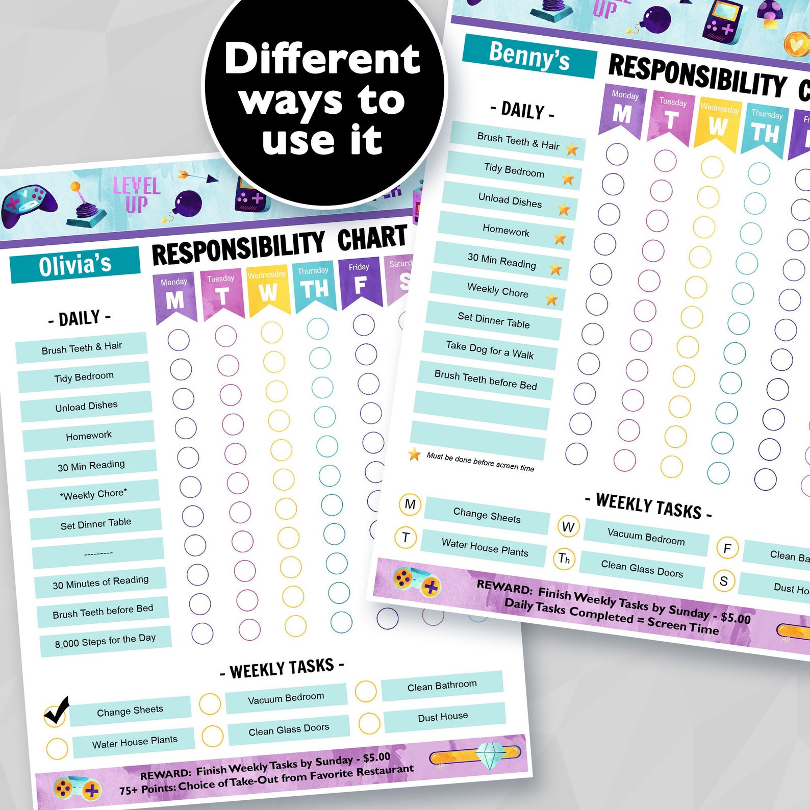 Editable Gamer Chore Chart, Kids Weekly & Daily Tasks, Responsibilities ...