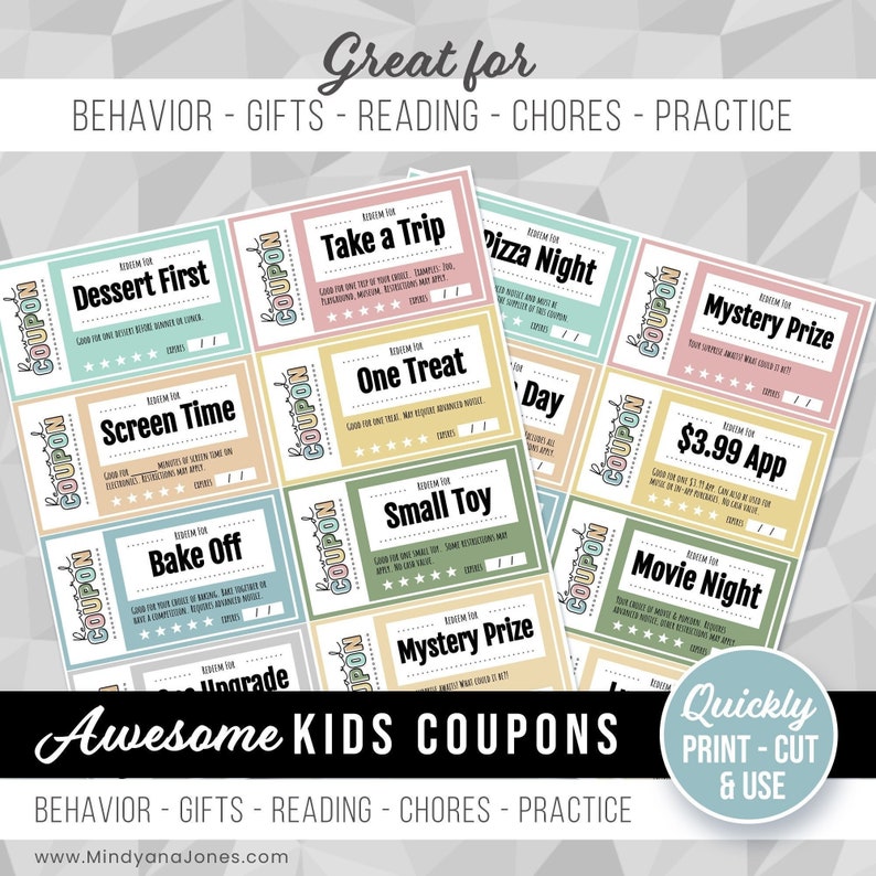 Family Reward Coupon Cards Printable List for the Kids - Etsy