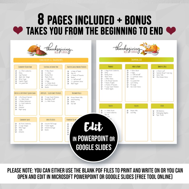Thanksgiving Meal Planner Set, Shopping Checklist + Calendar Schedule ...