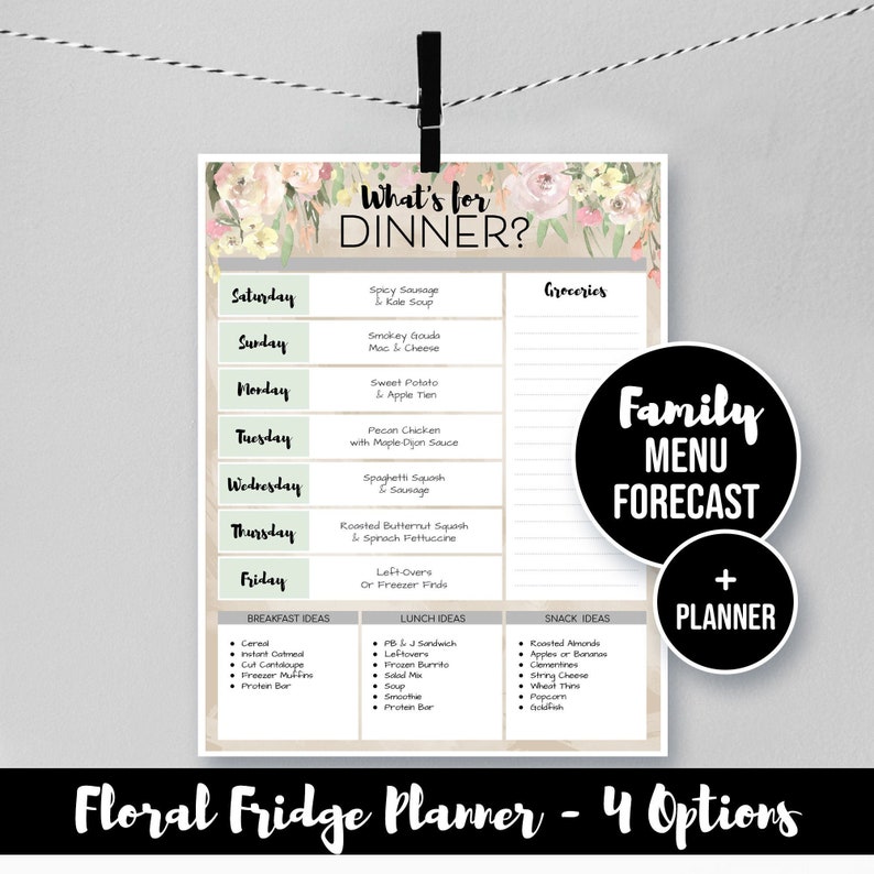 4 Printable Floral Dinner Menus Planner Grocery List - Etsy