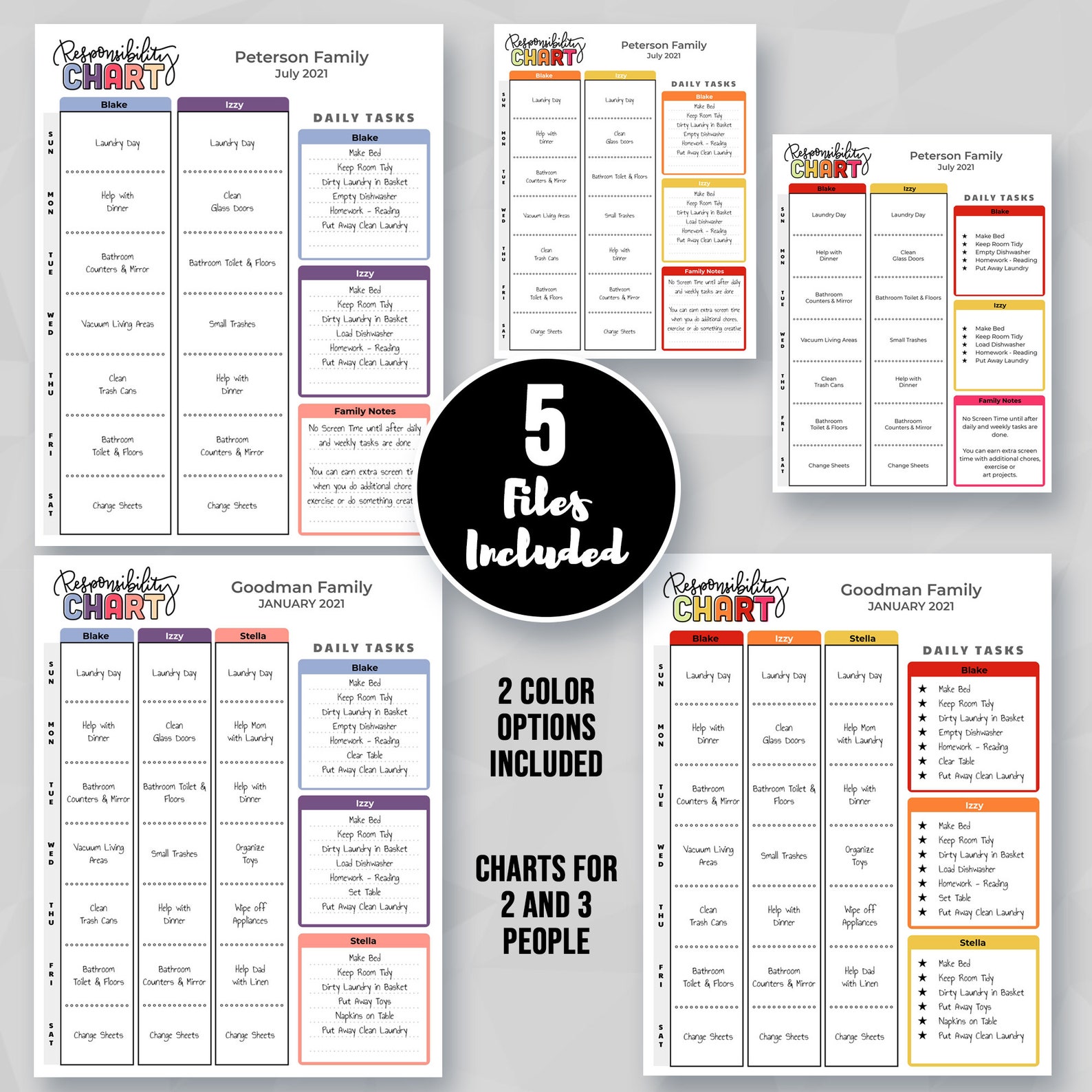 4 Family Chore Charts Instant Download Printable Responsibility Chart ...