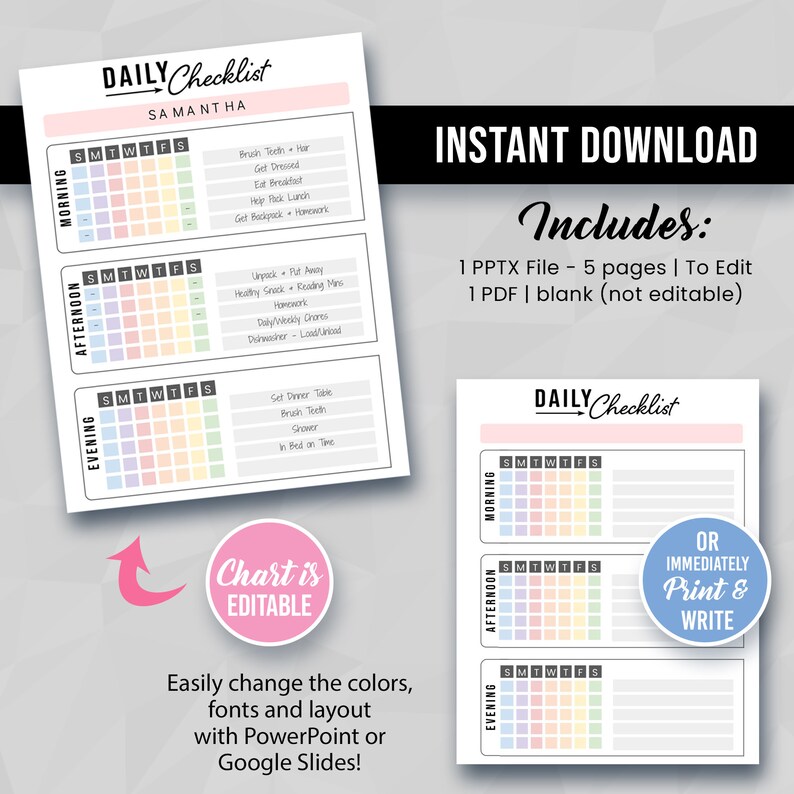 Printable Editable Daily Checklist for Kids Teen or Adults - Etsy