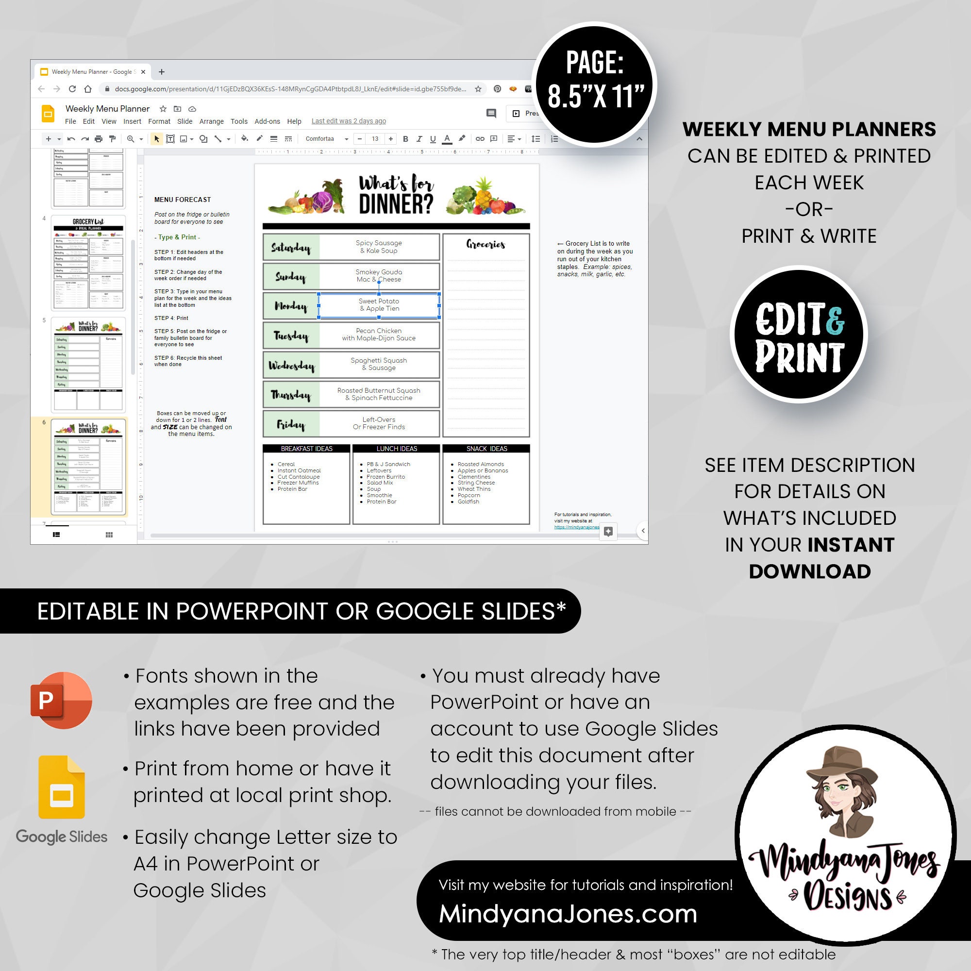 Editable Weekly Menu Planner Printable Daily Lunch Dinner - Etsy