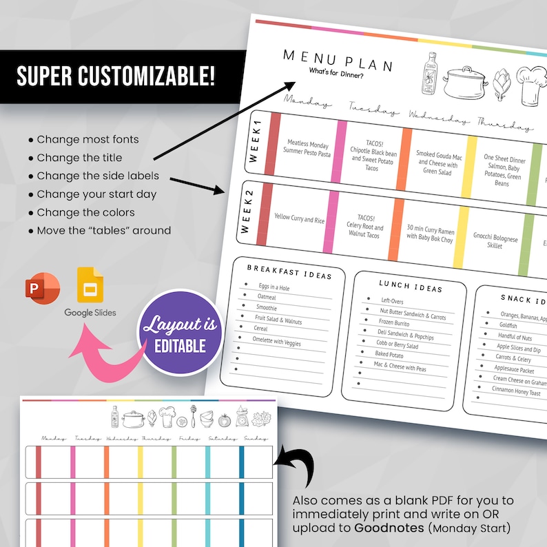 Printable Monthly Weekly Family Menu Planners 1 2 4 Week Meal - Etsy