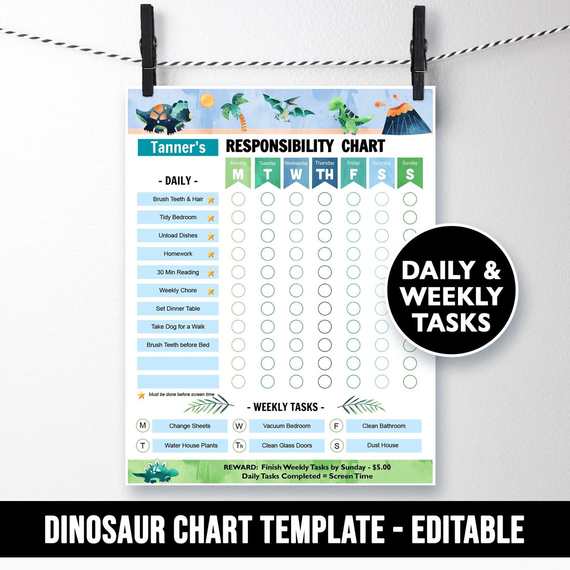 Editable Dinosaur Chore Chart Kids Weekly & Daily Tasks - Etsy