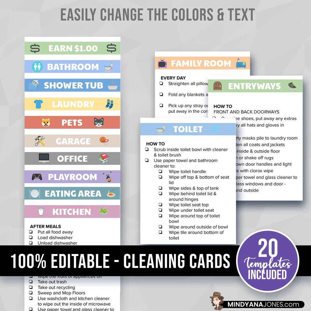 Cleaning Cards Editable, Printable, Chore Checklist for Kids or ADHD ...