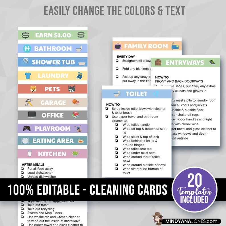 Cleaning Cards Editable Printable Chore Checklist for Kids - Etsy