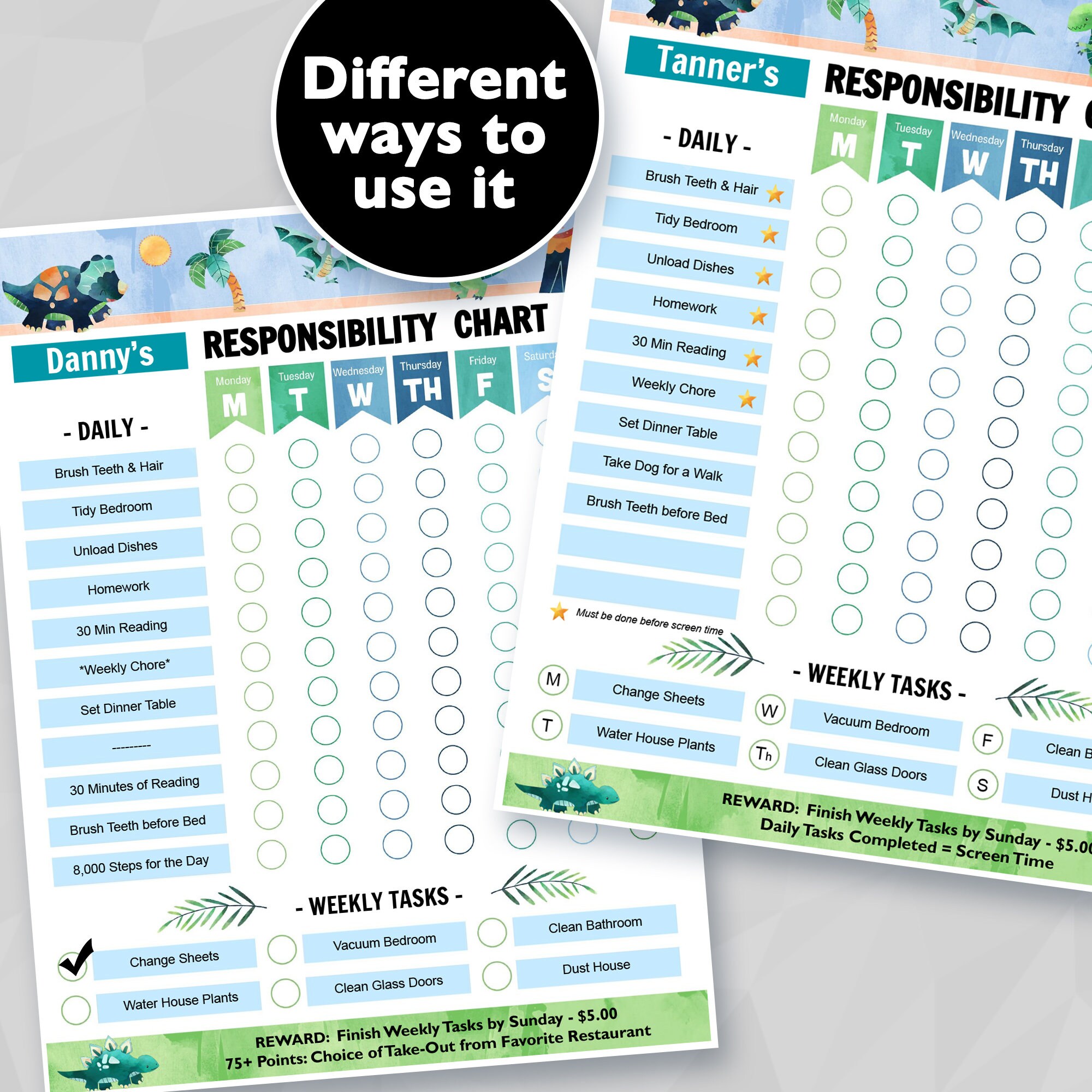 Editable Dinosaur Chore Chart Kids Weekly & Daily Tasks - Etsy