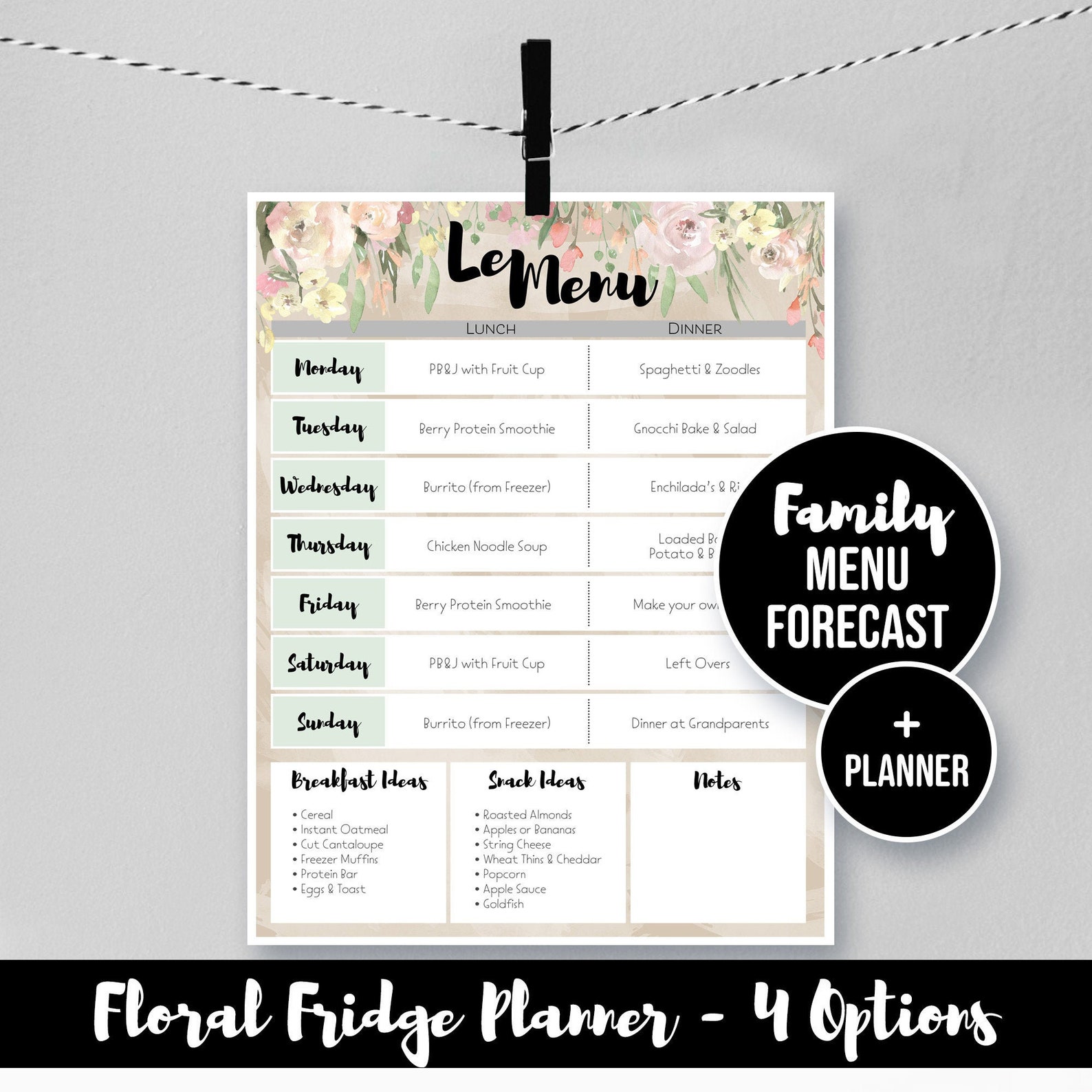 Printable Floral Menu, Planner, Grocery List, Neutral Colors, Weekly ...
