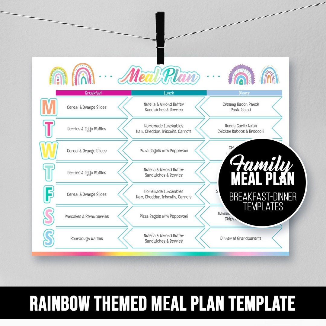 Rainbow Family Meal Plan Template, Menu Planner, Breakfast Lunch Dinner ...