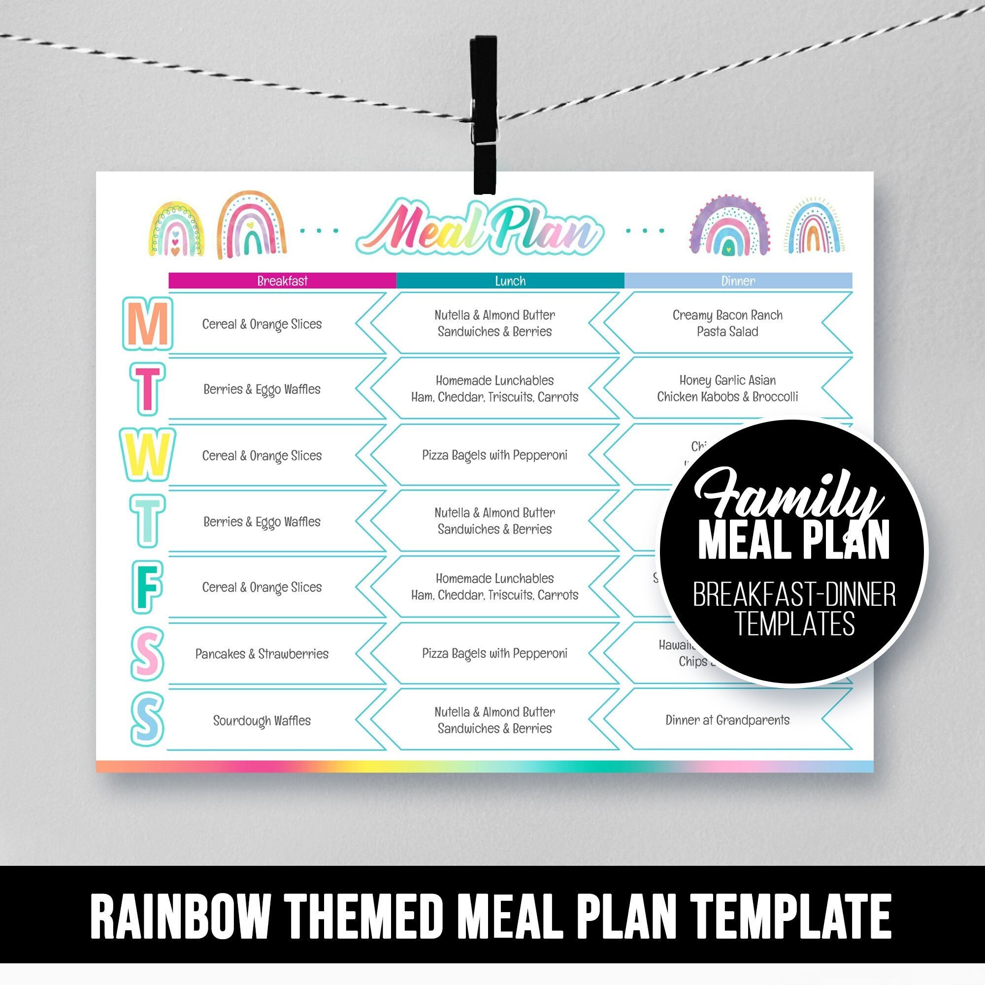 Rainbow Family Meal Plan Template Menu Planner Breakfast | Etsy