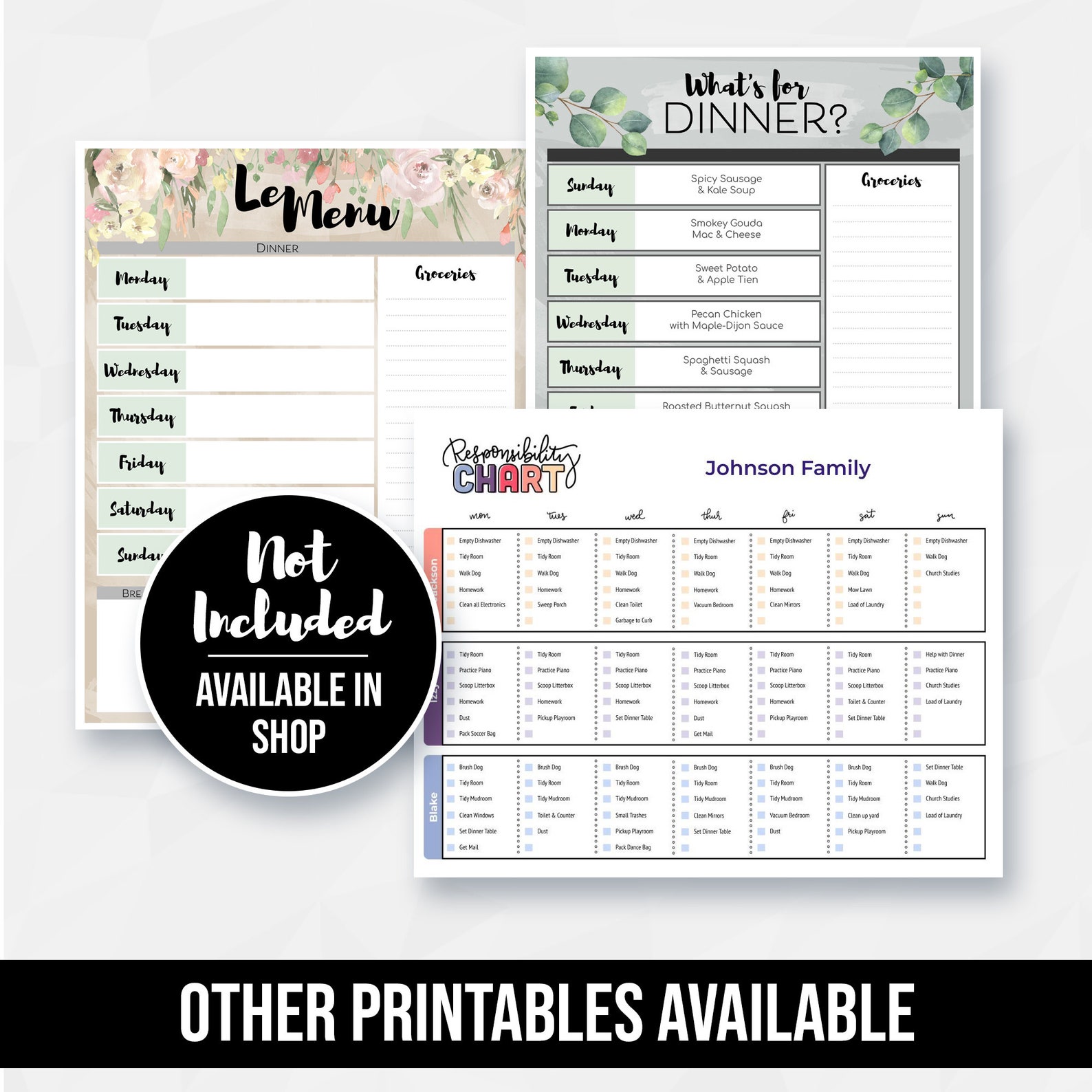 Printable Dinner Menu Planner Grocery List Floral - Etsy