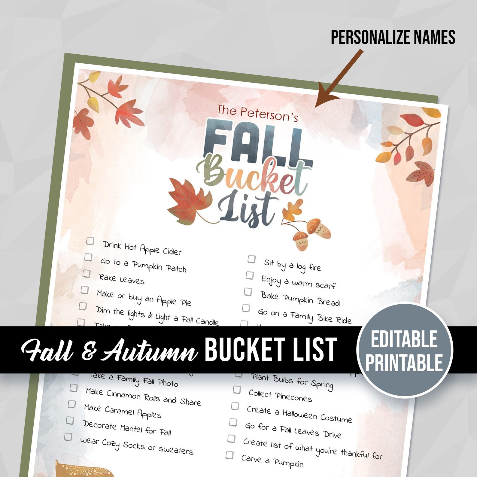 EDITABLE Fall Bucket List Printable Kids Family Checklist of - Etsy