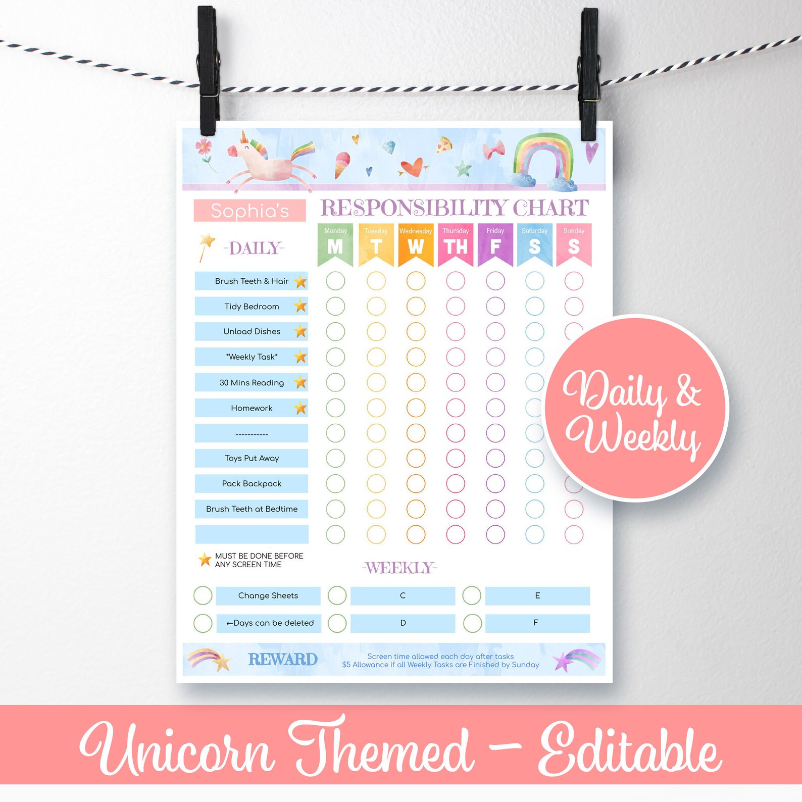 Unicorn Chore Chart for Kids Weekly & Daily Tasks - Etsy