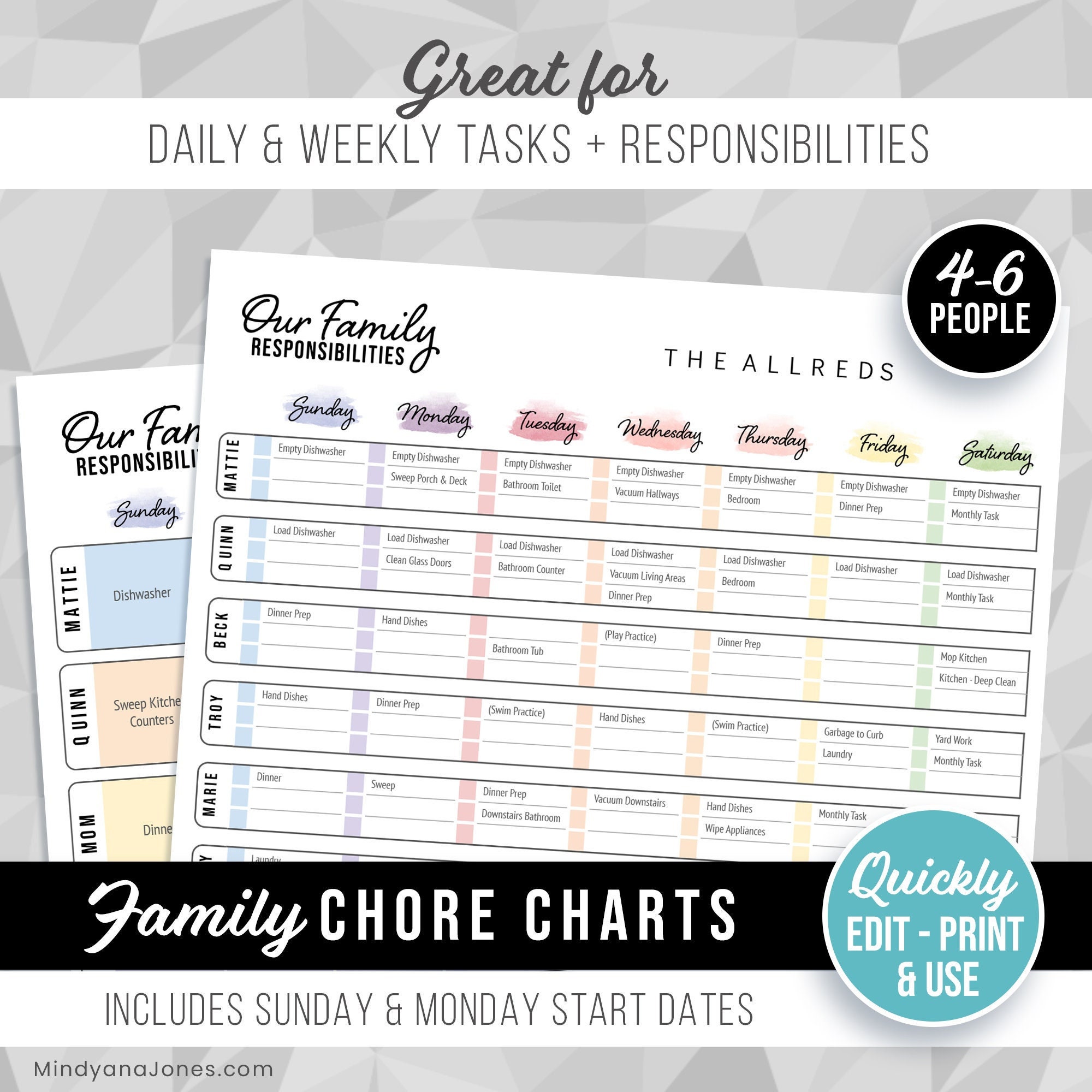 Create a Family Chore Chart 4-6 People Responsibility - Etsy