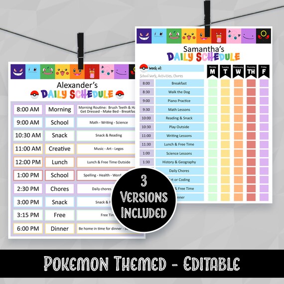 3 Daily Schedules for Kids Pokemon Themed Homeschool Online | Etsy