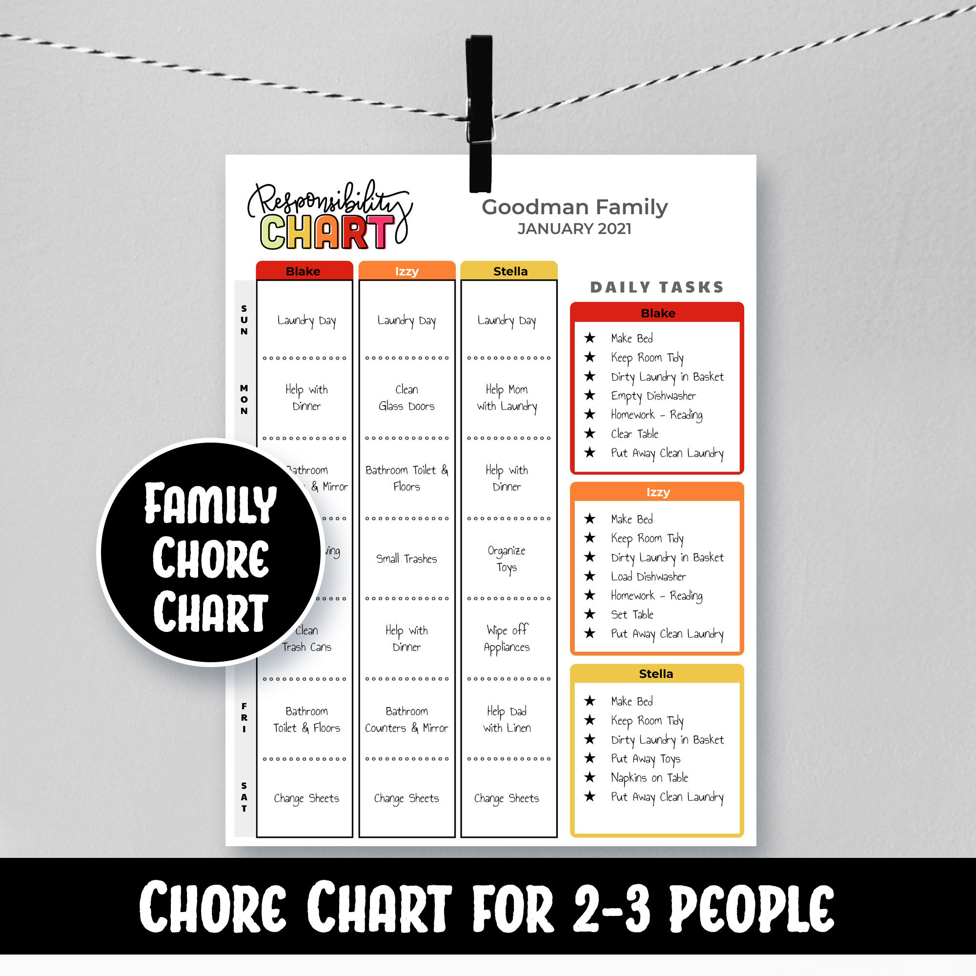 Paper 2 Kids and 3 Kids Chore Chart Printable and Editable Instant ...