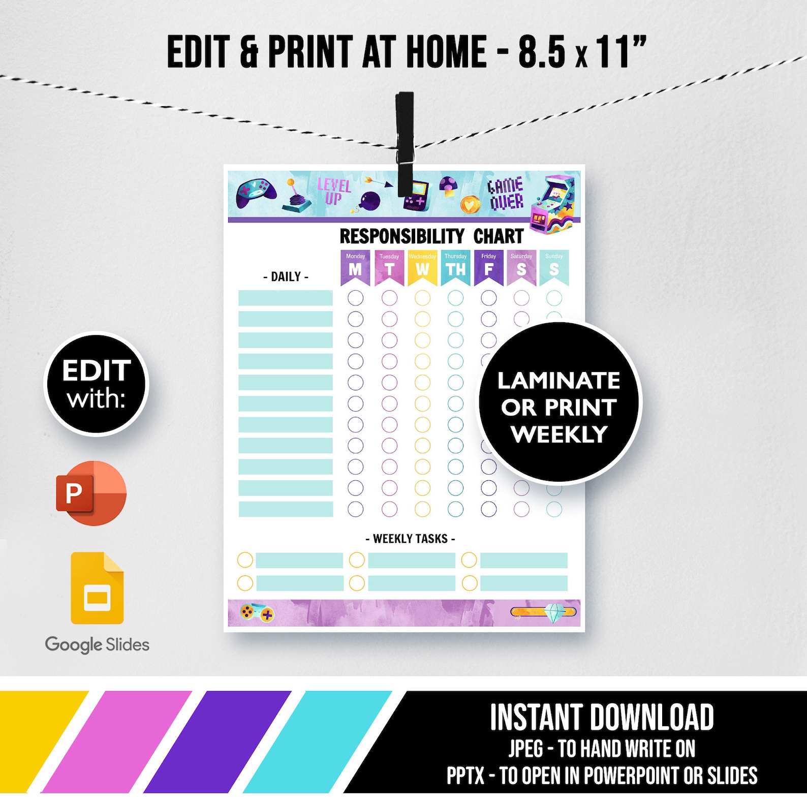 Editable Gamer Chore Chart, Kids Weekly & Daily Tasks, Responsibilities ...
