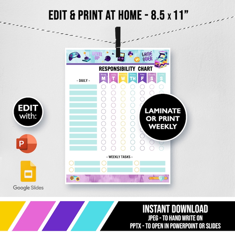 Editable Gamer Chore Chart Kids Weekly & Daily Tasks - Etsy