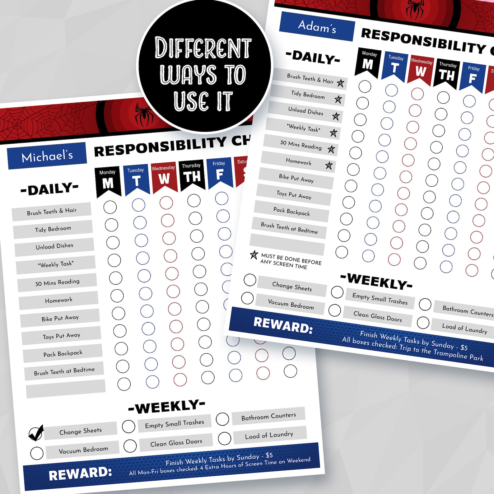 Spider Superhero Themed Chore Chart Weekly & Daily Tasks | Etsy