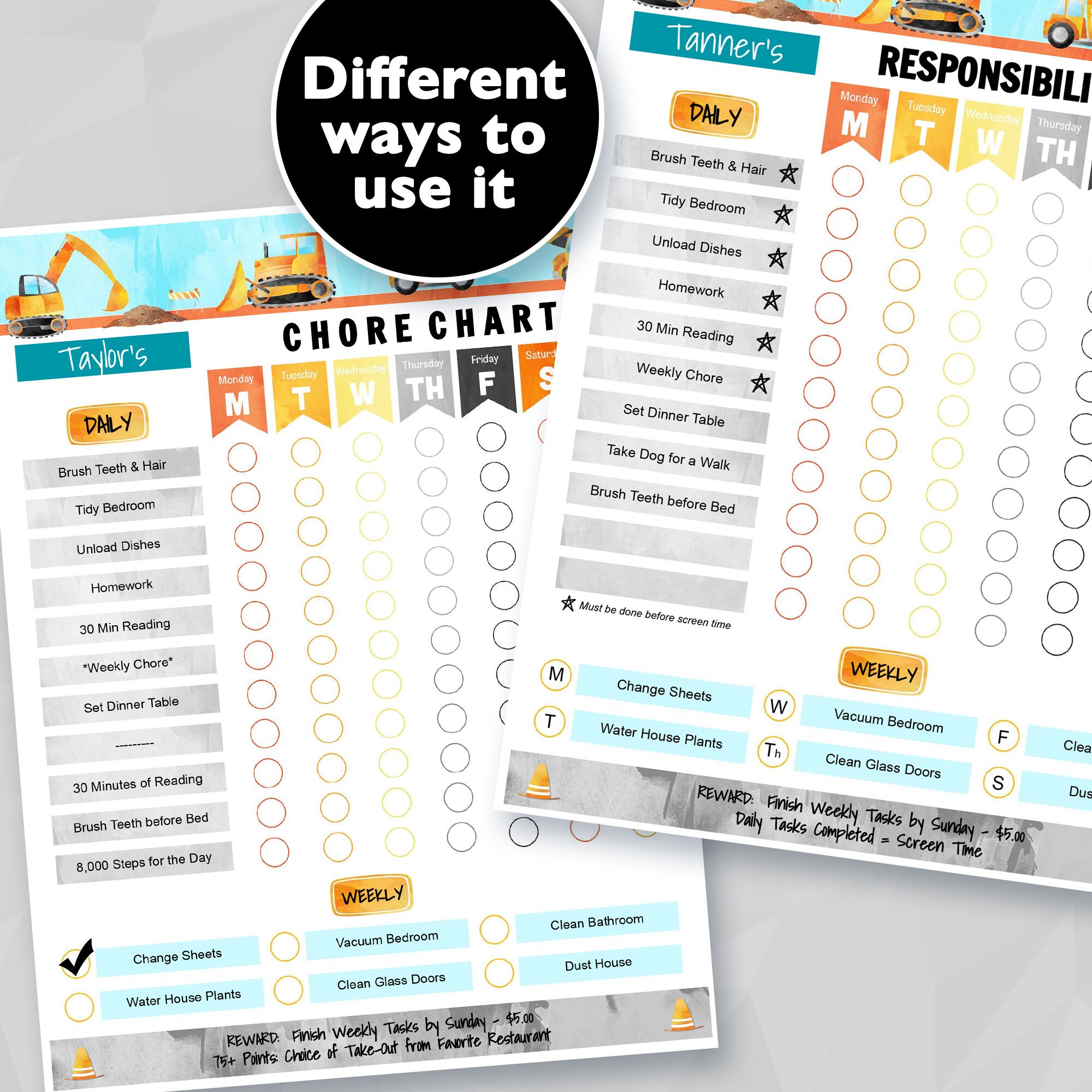 Editable Construction Trucks Chore Chart Kids Weekly & Daily - Etsy