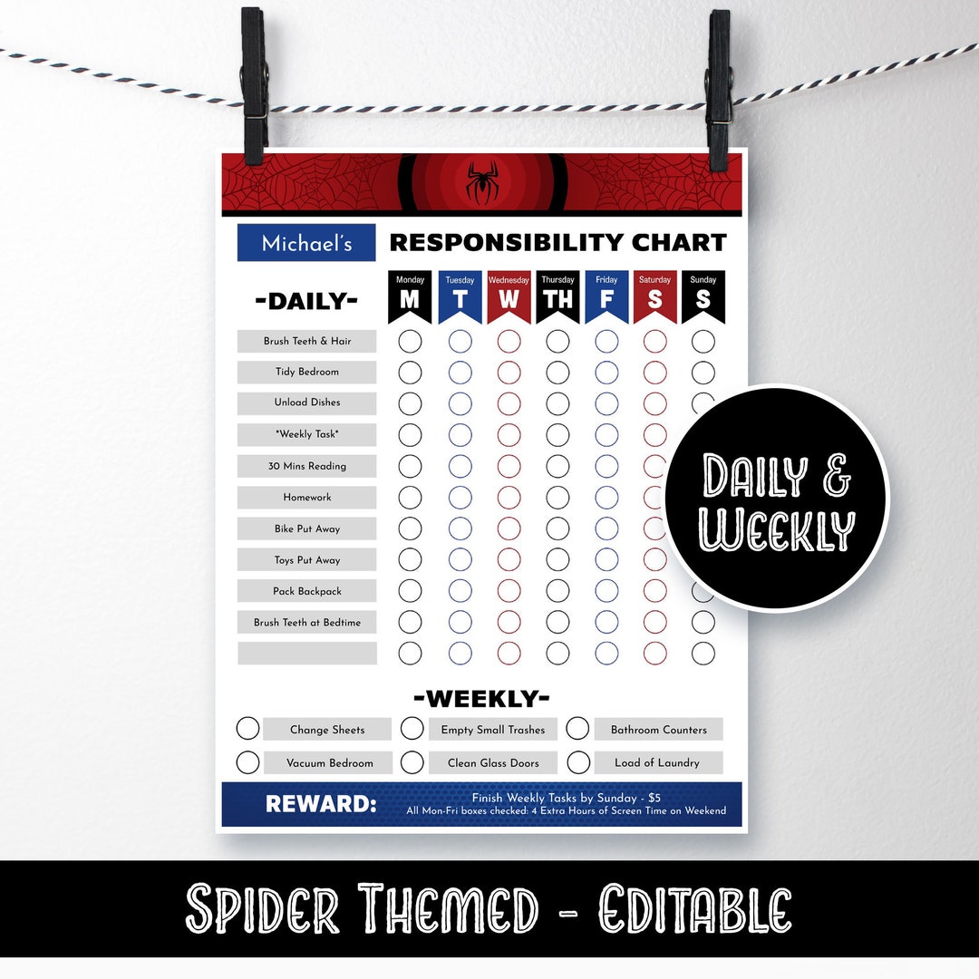 Spider Superhero Themed Chore Chart, Weekly & Daily Tasks, Daily ...