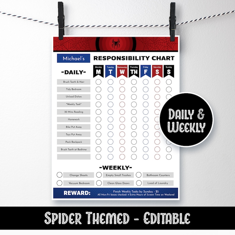 Spider Superhero Themed Chore Chart Weekly & Daily Tasks | Etsy