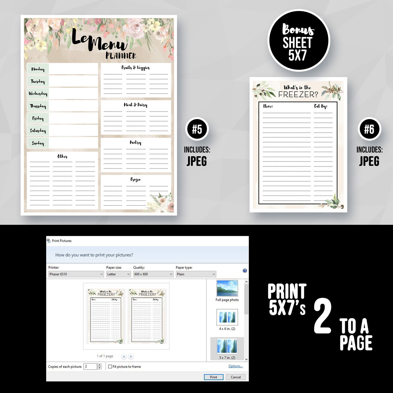 Printable Floral Menu, Planner, Grocery List, Neutral Colors, Weekly ...
