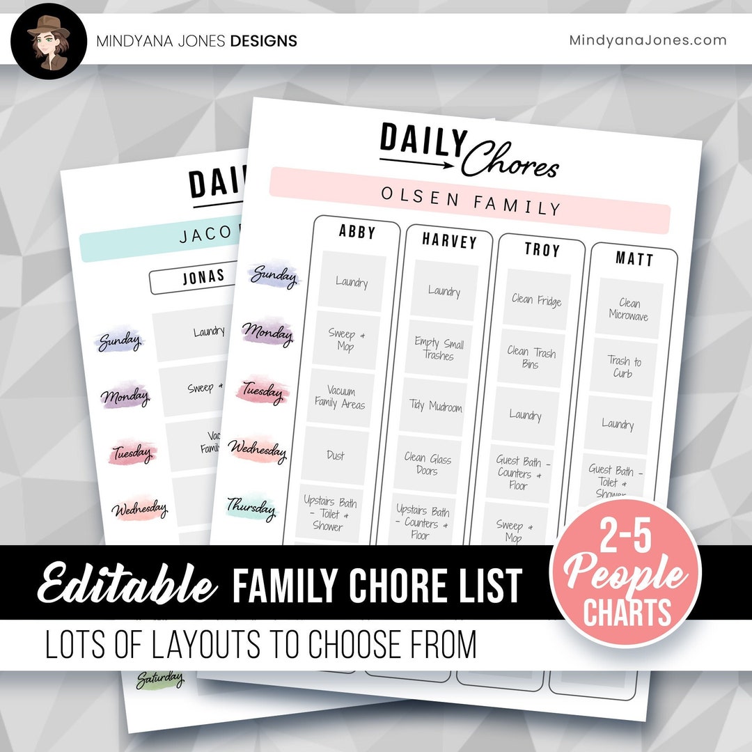Printable Editable Family Chore Chart for 2 3 4 or 5 People ...