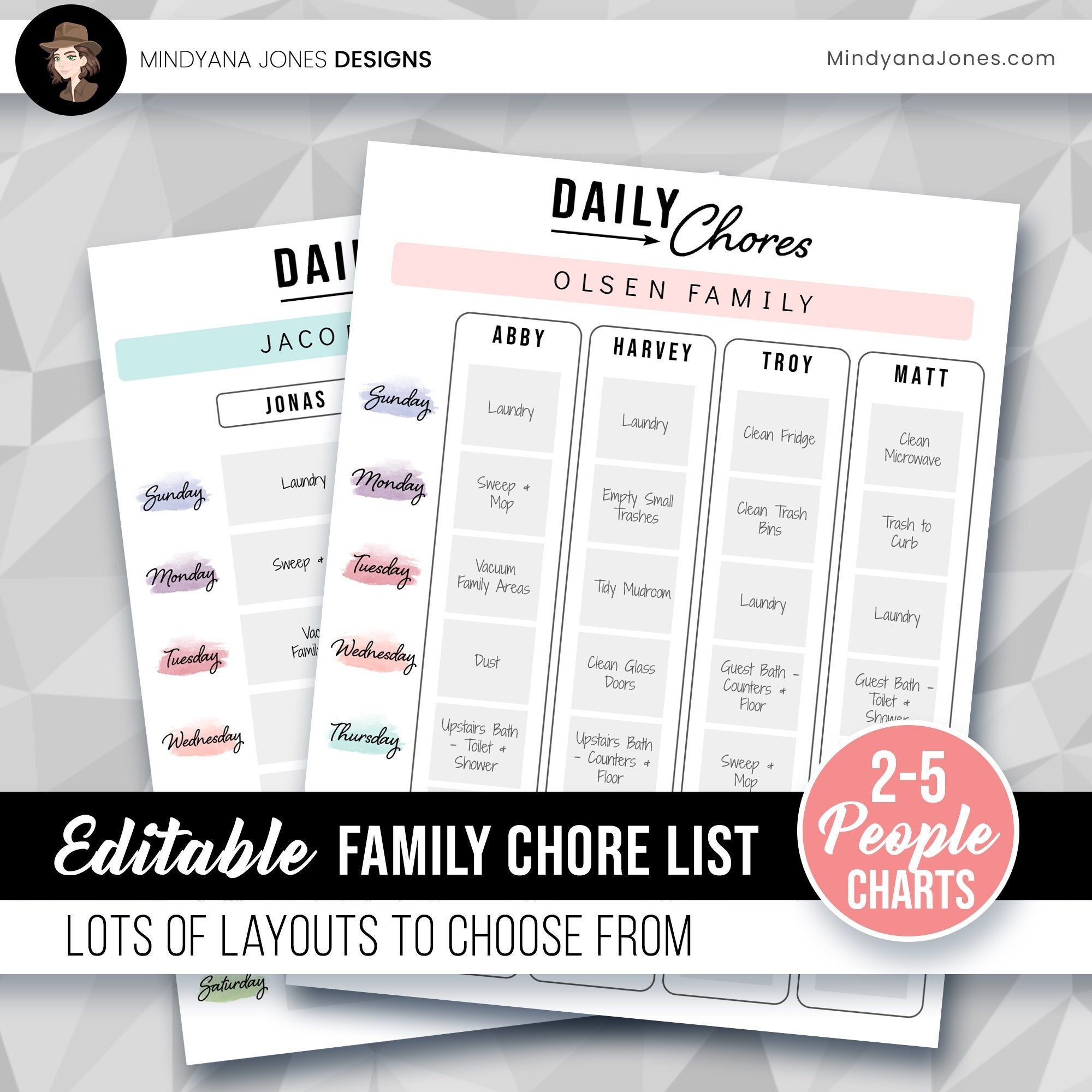 Printable Editable Family Chore Chart for 2 3 4 or 5 People ...