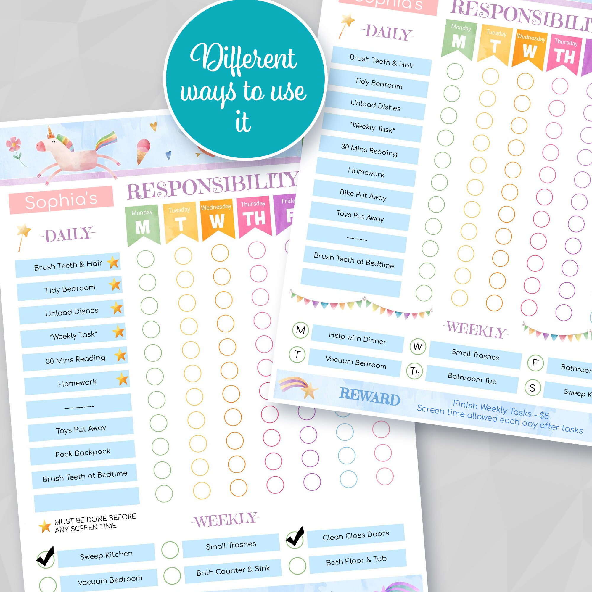 Unicorn Chore Chart for Kids Weekly & Daily Tasks - Etsy