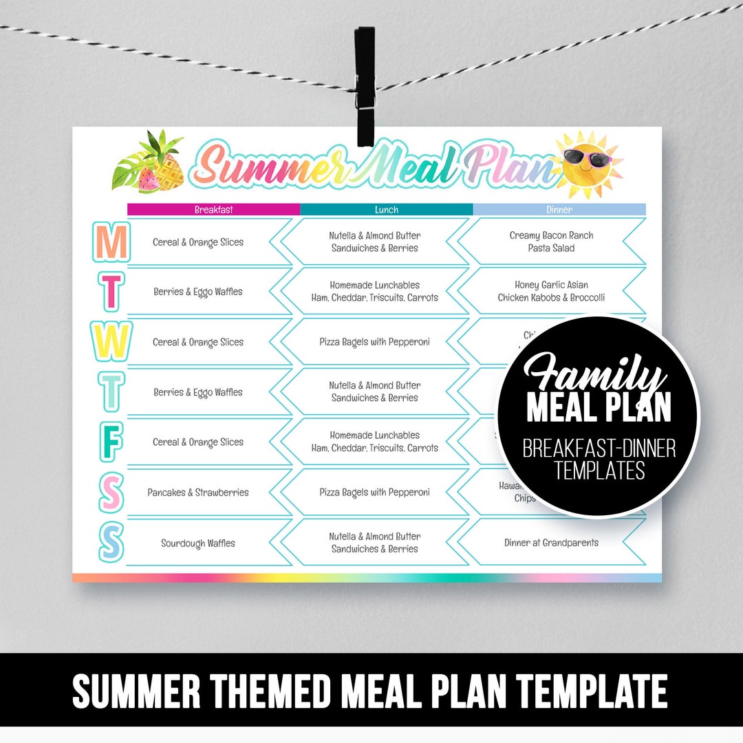 Summer Family Meal Plan Template, Menu Planner, Breakfast Lunch Dinner ...