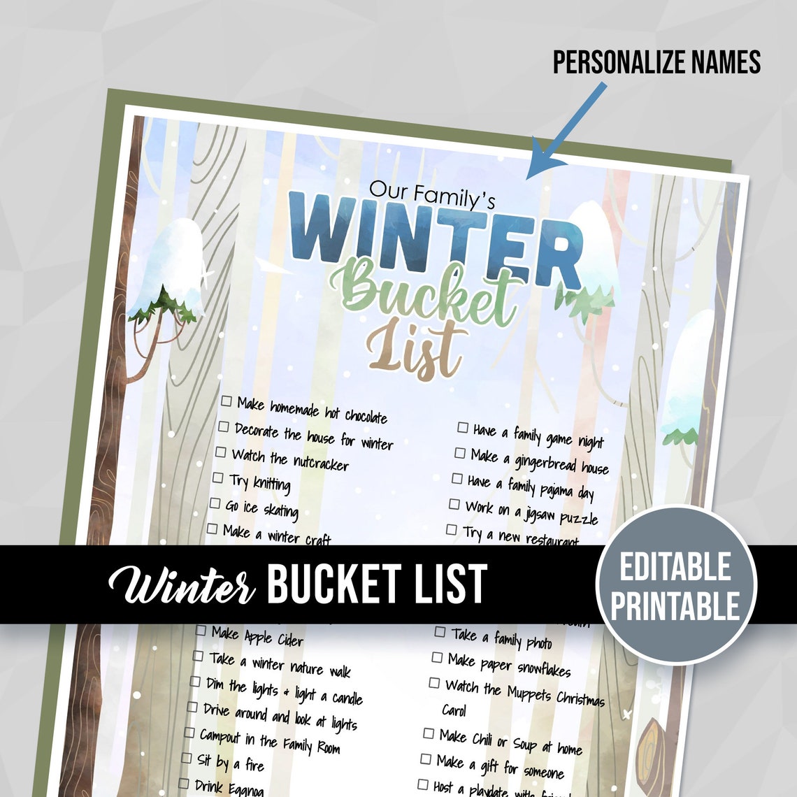 EDITABLE Winter Bucket List, Printable Kids Family Checklist of ...