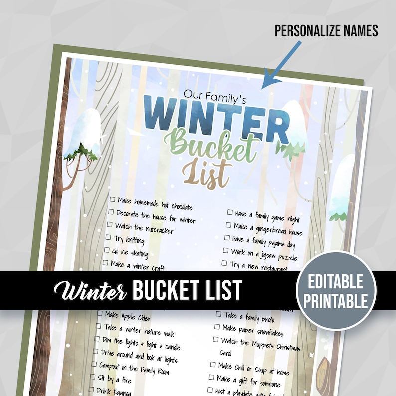 EDITABLE Winter Bucket List Printable Kids Family Checklist - Etsy