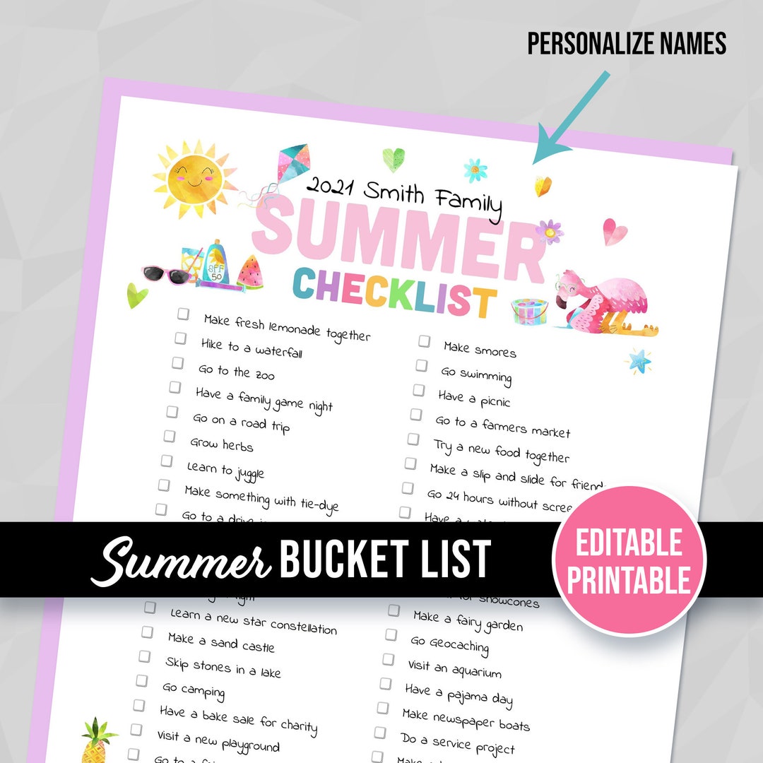 Summer Bucket List, Kids Family Checklist, Personalize Printable Art ...