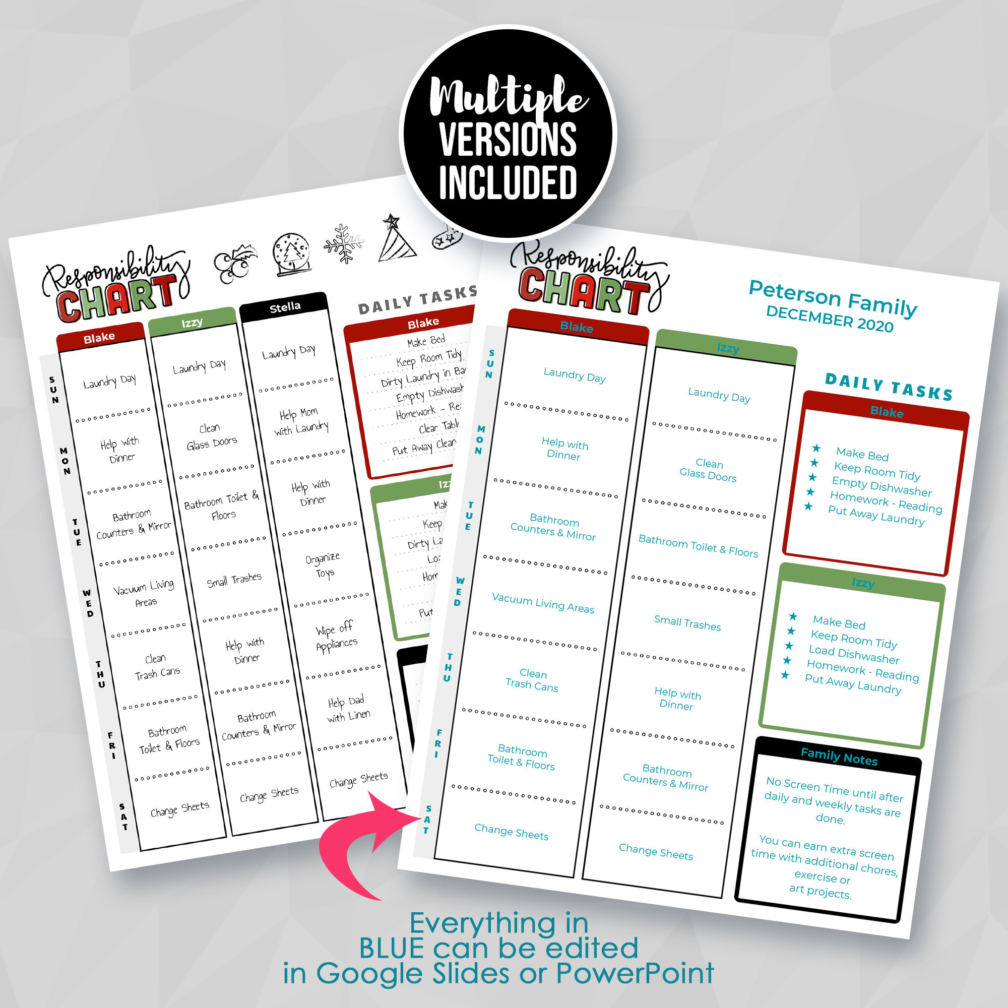 Christmas Family Chore Charts Printable Weekly & Daily | Etsy