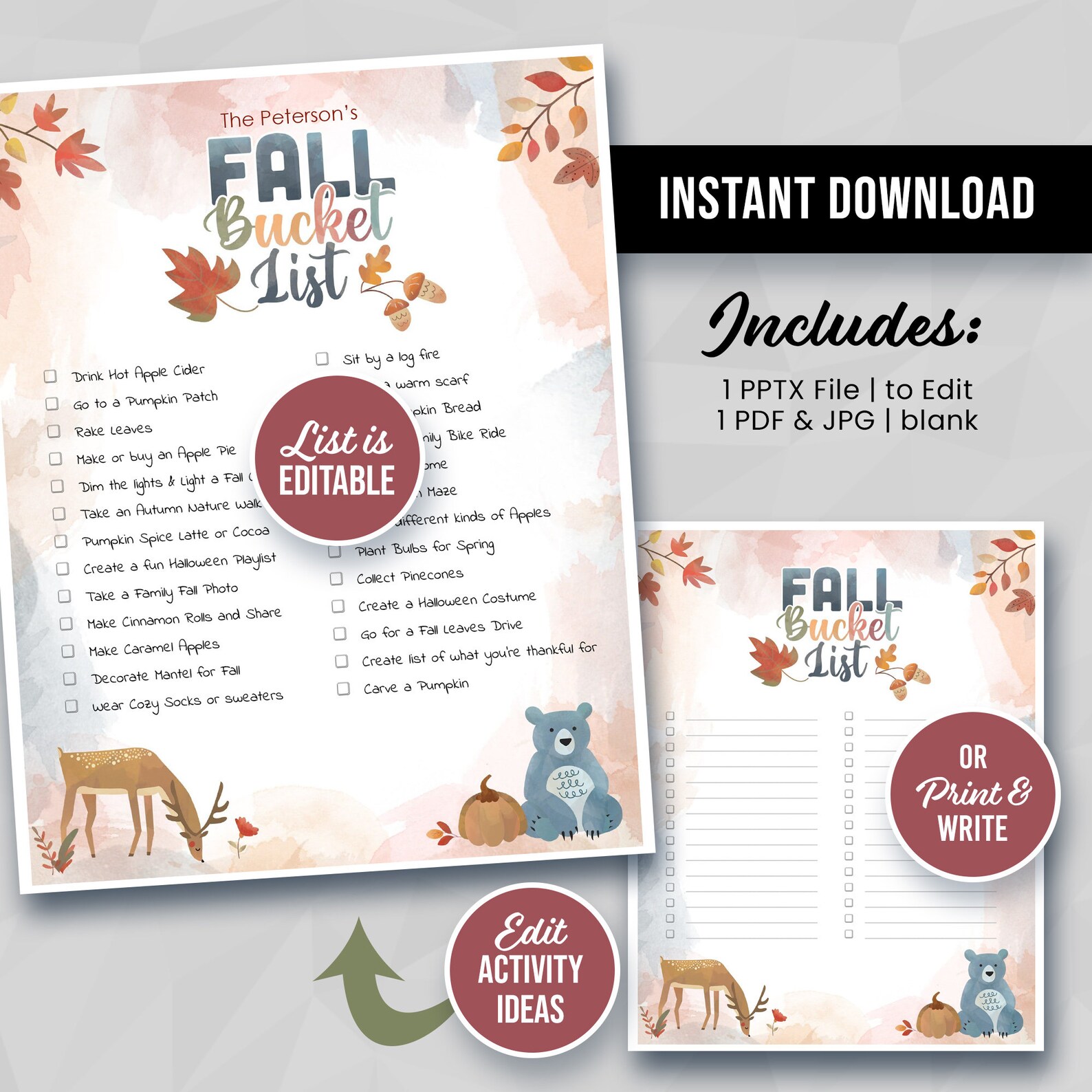 EDITABLE Fall Bucket List Printable Kids Family Checklist of - Etsy