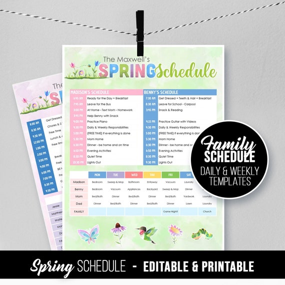 Family SPRING Schedule Kids To-do List Daily & Weekly - Etsy